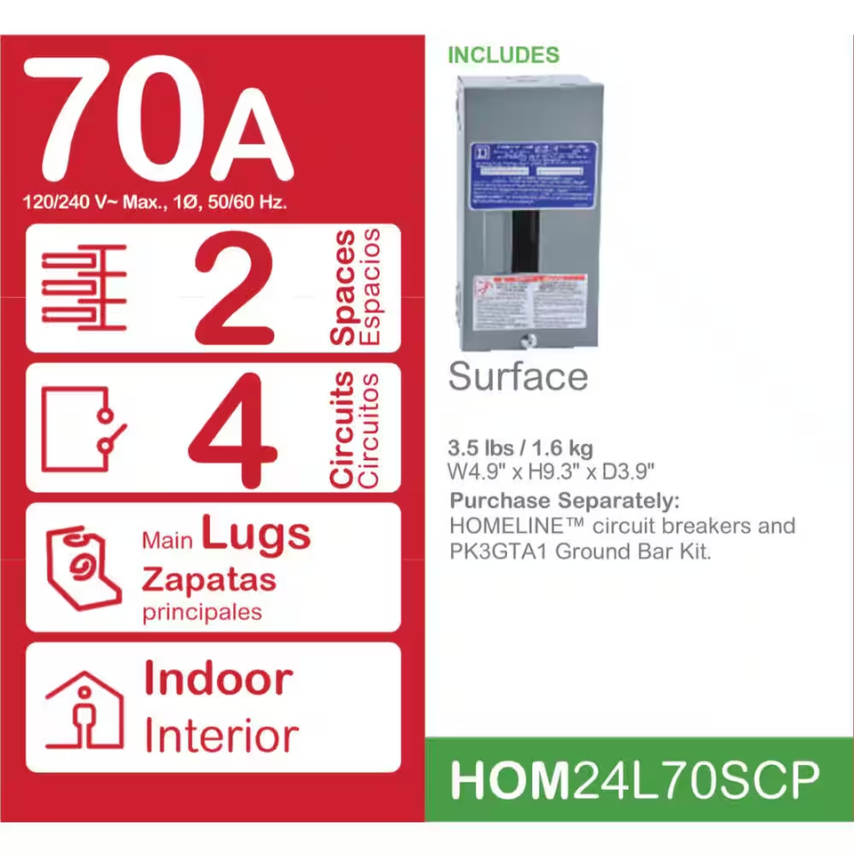 Square D Breaker Box 70 Amp Subpanel Indoor Load Center 2 Space 4 ...