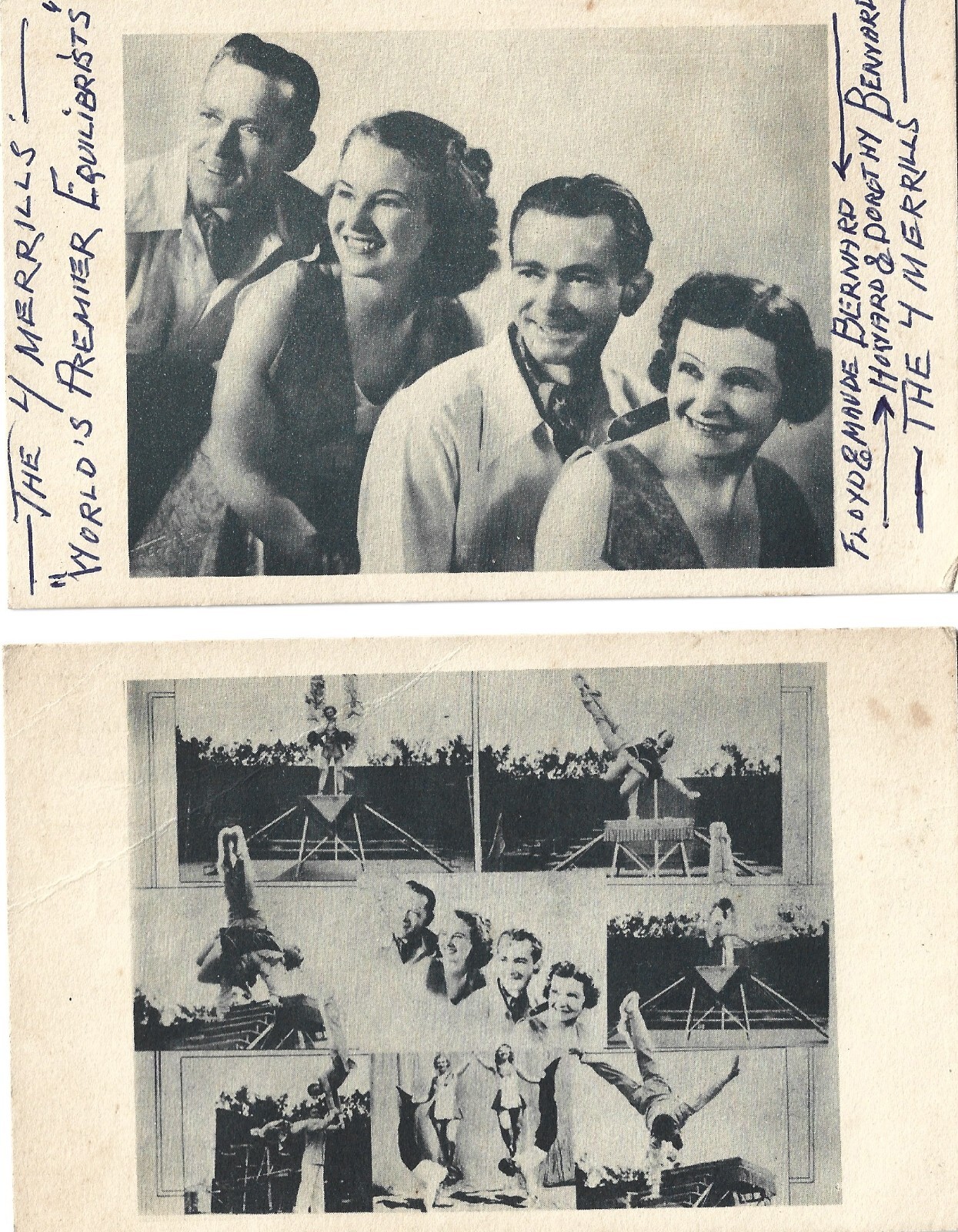 The 4 Merrills, circus 'equilibrists', 2 1940s publicity postcards ...