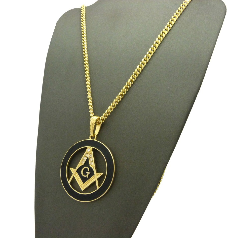 NEW FREEMASON MASONIC COMPASS PENDANT 4mm/24" CUBAN CHAIN NECKLACE ...
