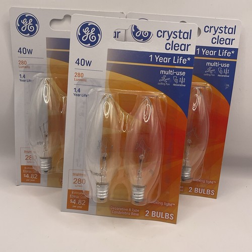 6-40W LIGHT BULBS GE CANDELABRA CRYSTAL CLEAR TYPE B 280 LUMENS #75033 ...