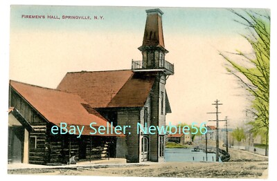 Springville NY -FIRE HOUSE & EARLY LOG CABIN- Hand Colored Postcard ...