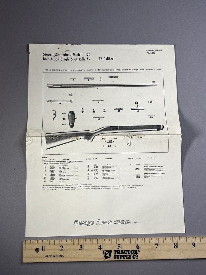 Stevens Springfield Model 120 Bolt Action 22 Parts List Manual Vintage ...