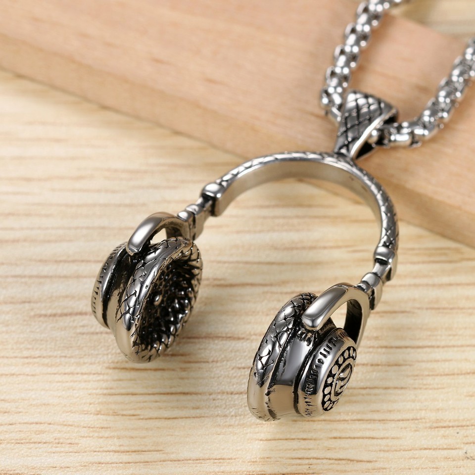 24" Stainless Steel Music Headset Headphones Pendant Chain Necklace ...