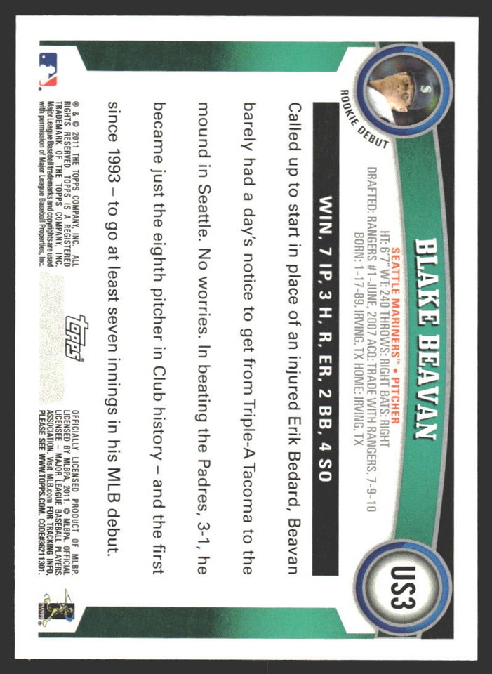 Blake Beavan #US3 2011 Topps Update Target Red Border Seattle Mariners ...