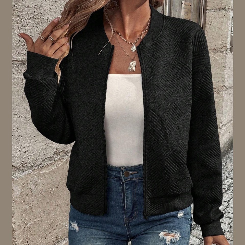 Baseball Collar Coat Check Pattern Design Loose Fit Jacket Pockets And ...