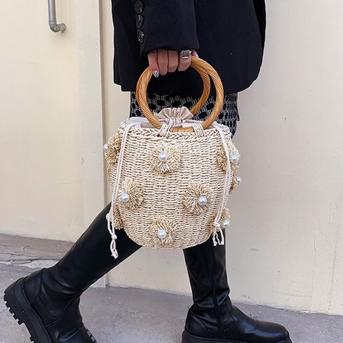 Round Handbag Flower Pearls Bucket Bag Stylish Straw Bag Women's | eBay ...