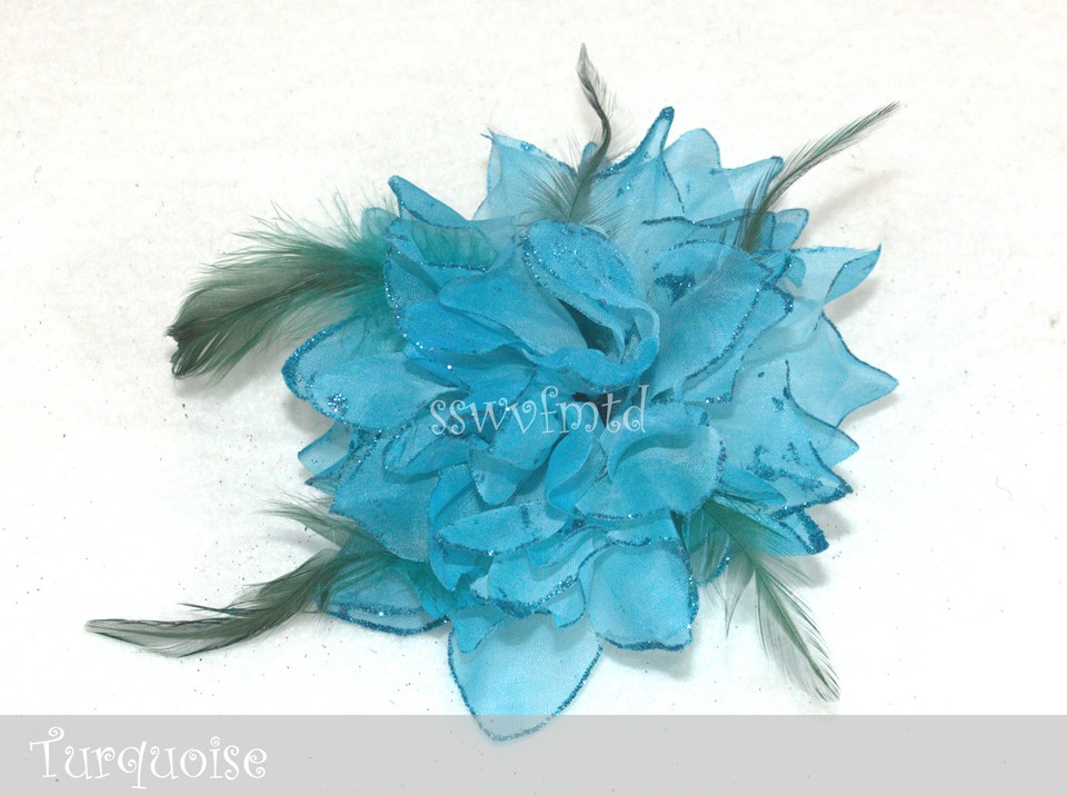 Lady Feather Flash Powder Glitter Flower Brooch Pin Bridal Party Hair ...