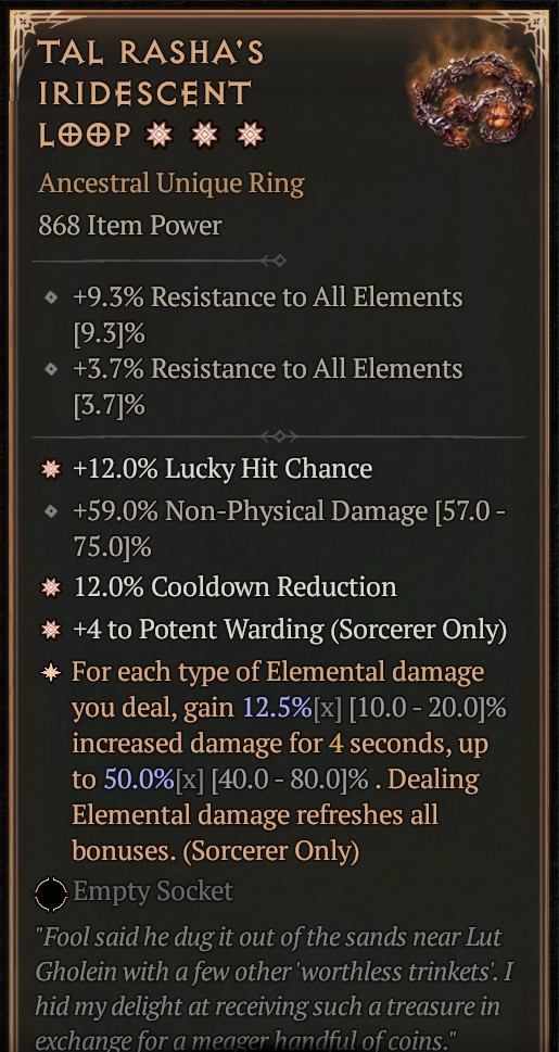 💥 DIABLO 4 SEASON 5 💥 3 Greater affix Tal Rasha's Iridescent Loop 👉 ...