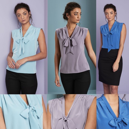 Womens Tie Neck Blouse Sleeveless Top Elegant Work Office Smart Summer ...