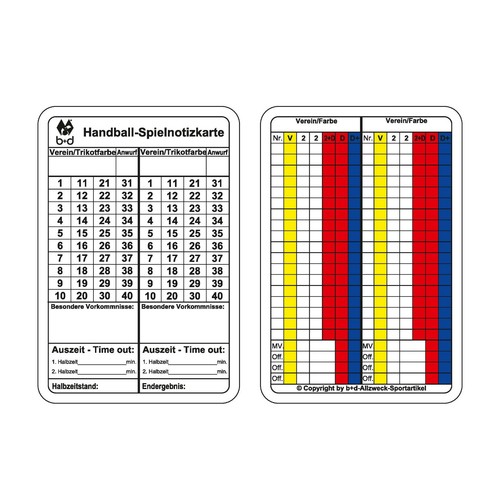 Handball Spielnotizkarten match record cards Cartes de note in DE ...