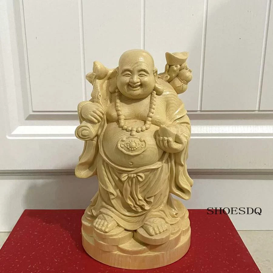 High-quality wooden carved Buddhist statue of Hotei made from cypress ...