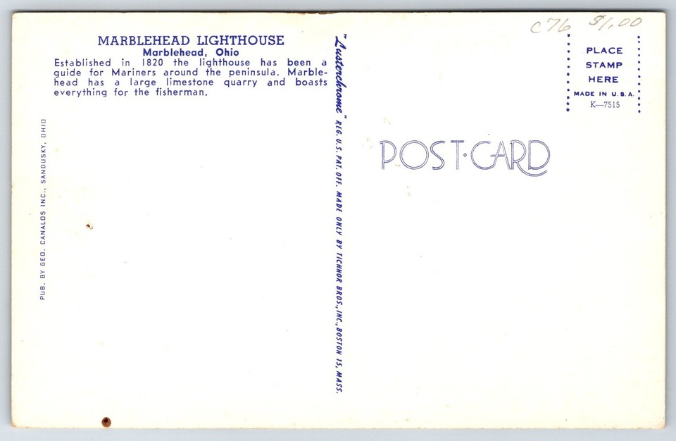 Marblehead Ohio~Limestone Lighthouse On Shores Of Lake Erie~Vintage ...