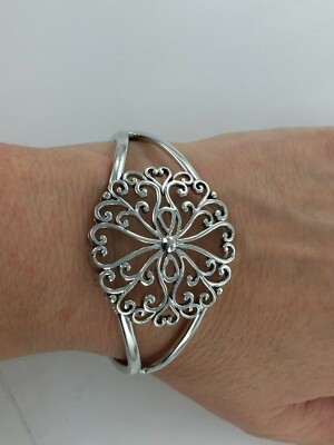 Super Cute Open Scroll Heart Detail Medallion Cuff Brass Silvertone ...