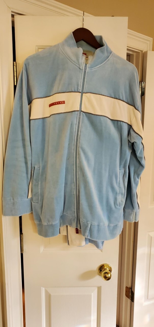 Prada baby blue w/white trim Full Track suit top & bottom XL Rare ...