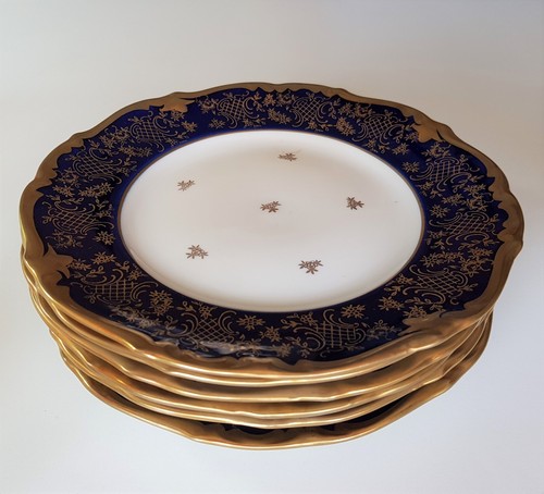 6 Kuchenteller Reichenbach Porzellan Echt Kobalt Golddekor Teller 19 cm ...