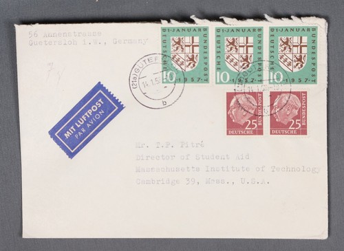 MayfairStamps Germany 1957 Strip January 1 Guetersloh to Cambridge MA ...