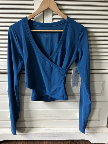 Athleta XS Transcend Wrap Top, Blue Criss-Cross Fitted Yoga Shirt NWT ...