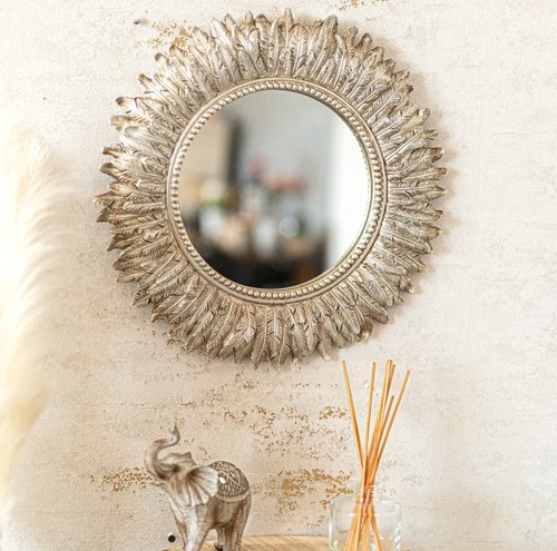 Large Wall Mountable Round Feather Mirror Antique Gold Living Room ...