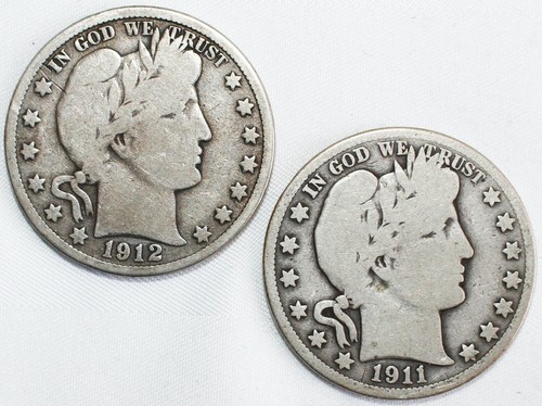 1911 & 1912 D Silver Barber Half Dollars 50c US Type Coins Average ...
