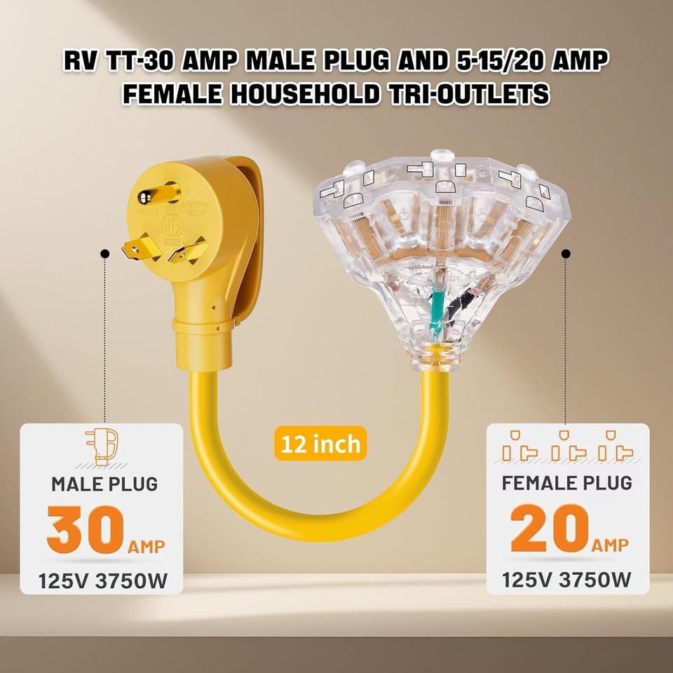 30 Amp to 110V 20 RV Power Adapter, NEMA TT-30P Male 3x5-15R/20R... | eBay