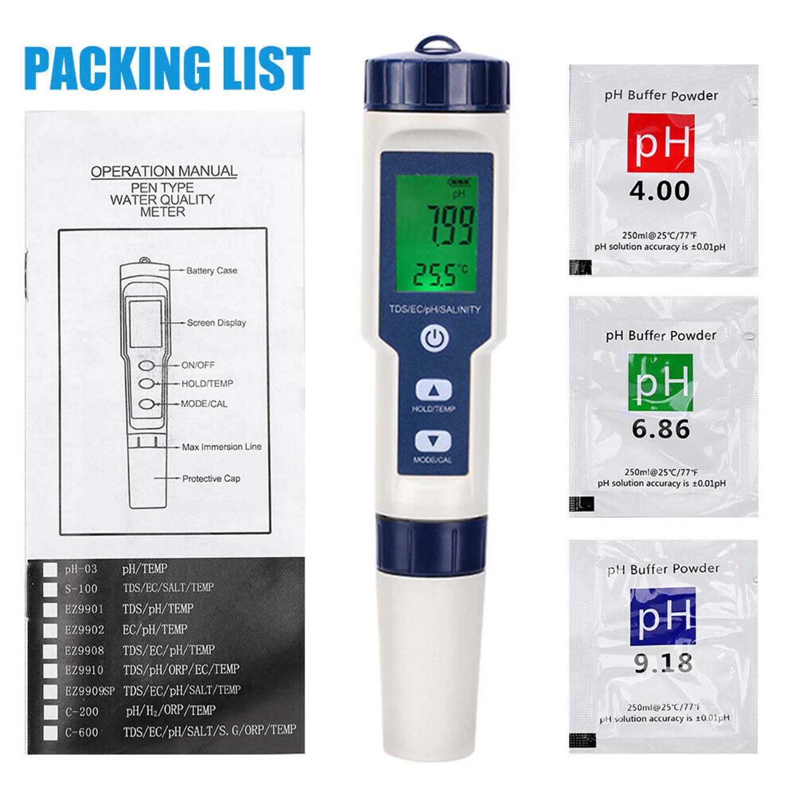 PH EC TDS Salinity Temp 5 in 1 Pen Meter LCD Digital Water Quality ...