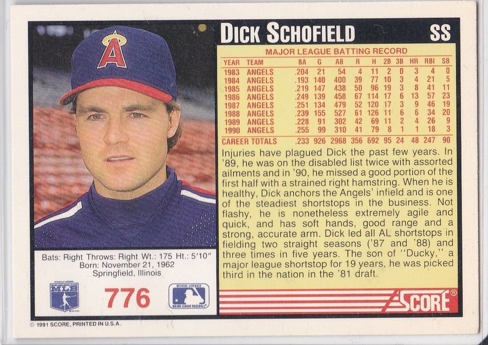 M) 1991 Score Baseball Trading Card - Dick Schofield #776 | eBay