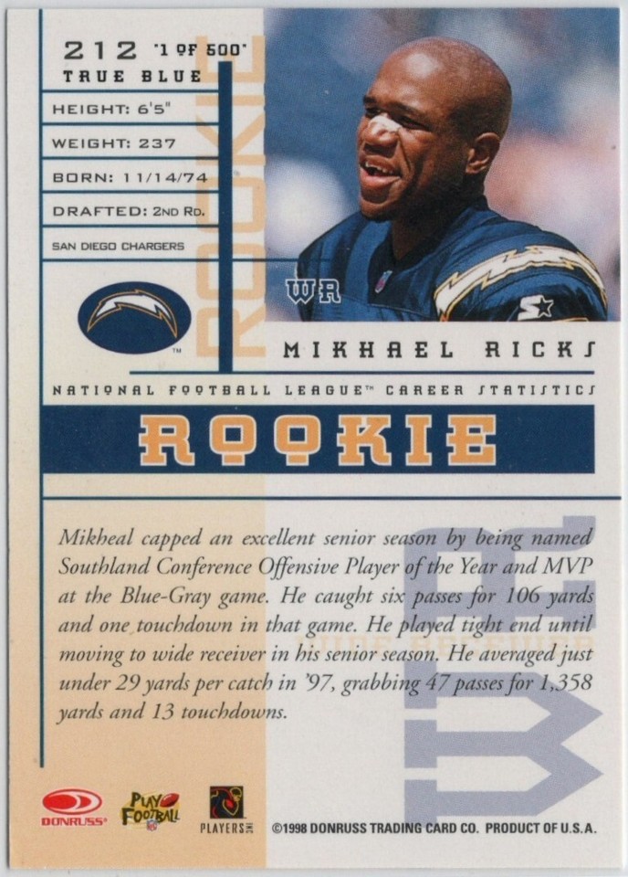 1998 Leaf Rookies & Stars True Blue Mikhael Ricks Rookie Card #212 /500 ...