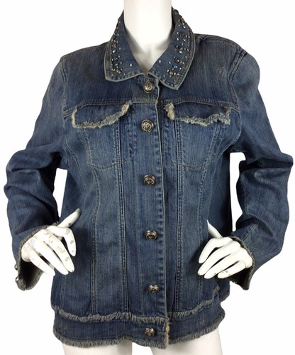 Motto Brand Beaded Rhinestone Collar Denim Jacket Raw Edge Snap Pockets ...
