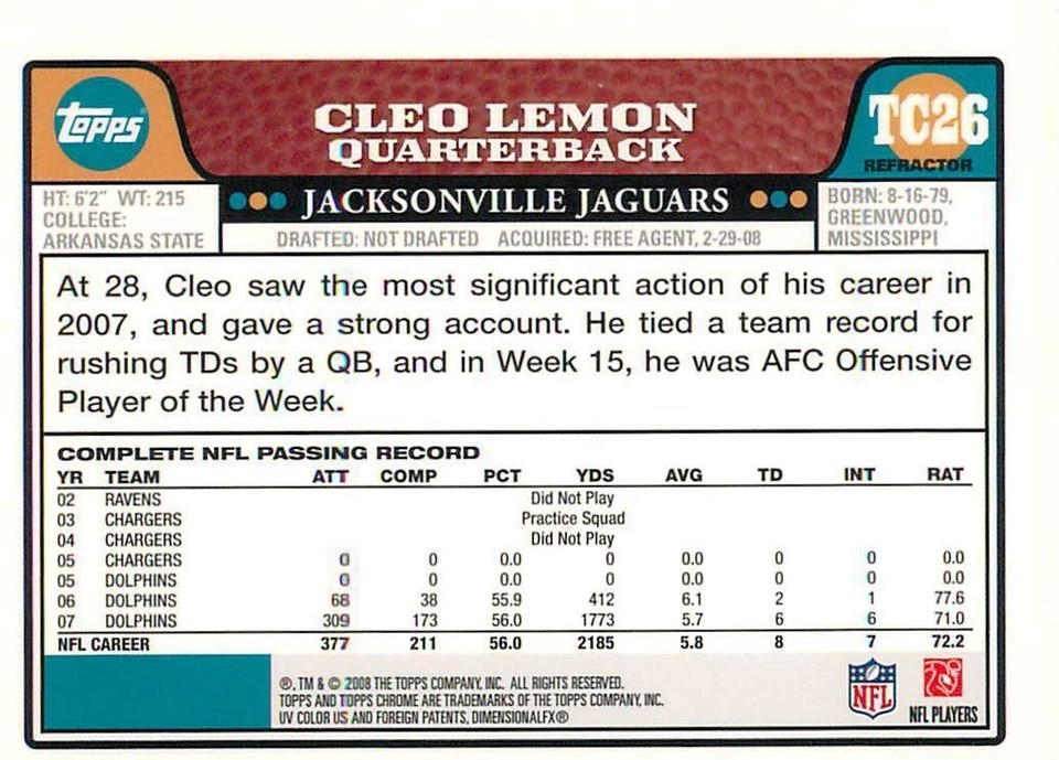 CLEO LEMON 2008 Topps Chrome ROOKIE REFRACTOR RC #TC26 Jaguars | eBay