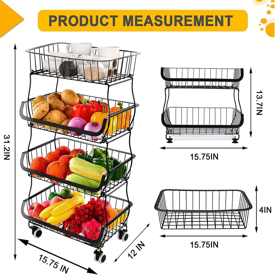 4Tier Fruit Basket Storage Kitchen Stackable Metal Wire Vegetable ...