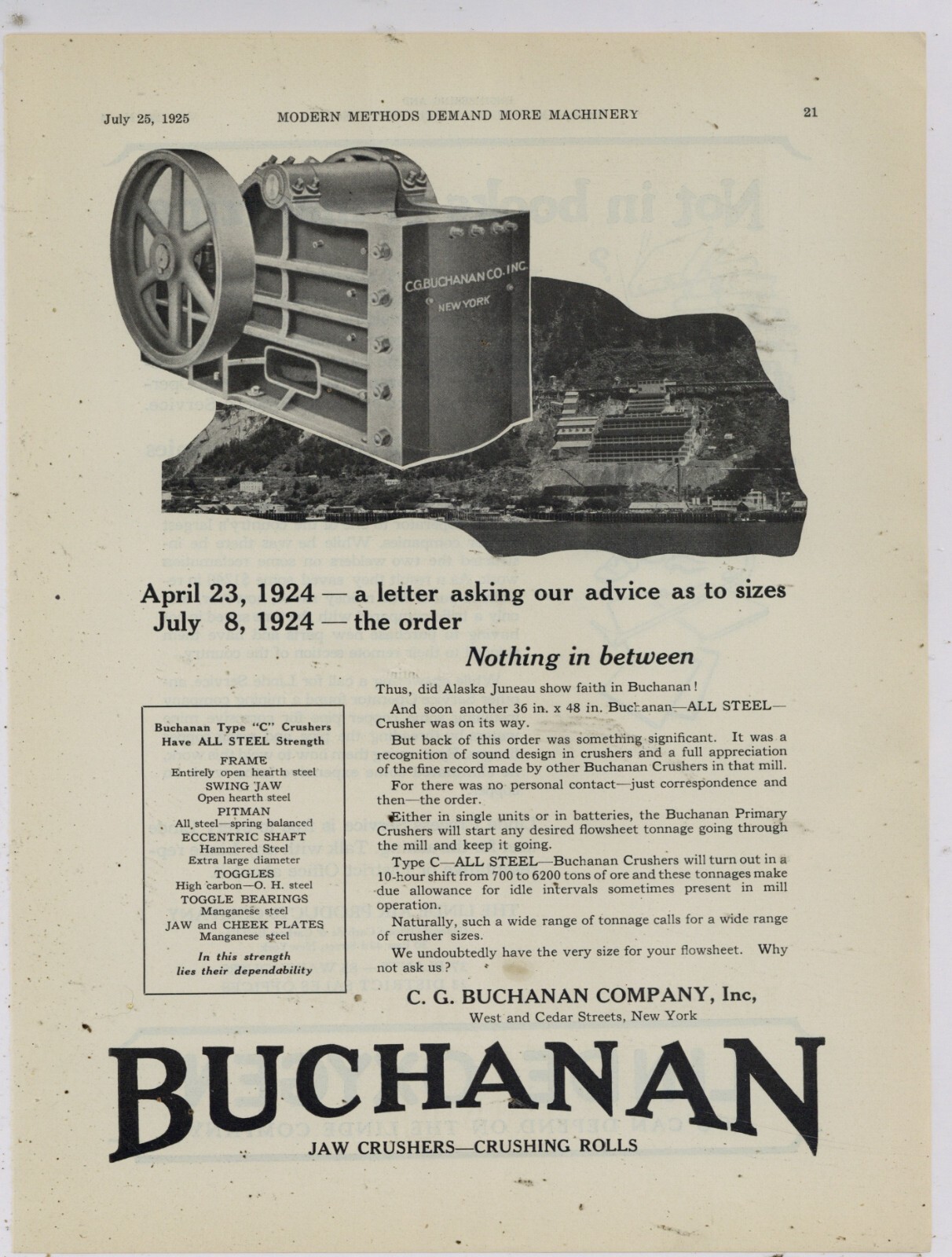 1925 C.G. Buchanan Co. Ad: Type C Rock Crusher for Alaska Juneau Mine ...