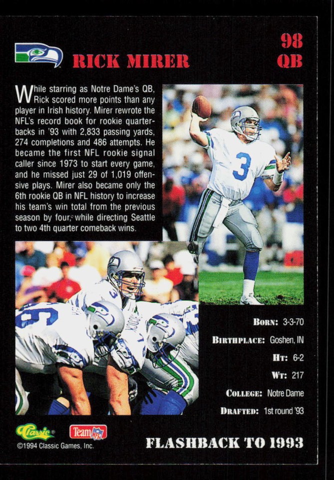 1994 Classic NFL Draft Rick Mirer #98 Football Seattle Seahawks RF | eBay