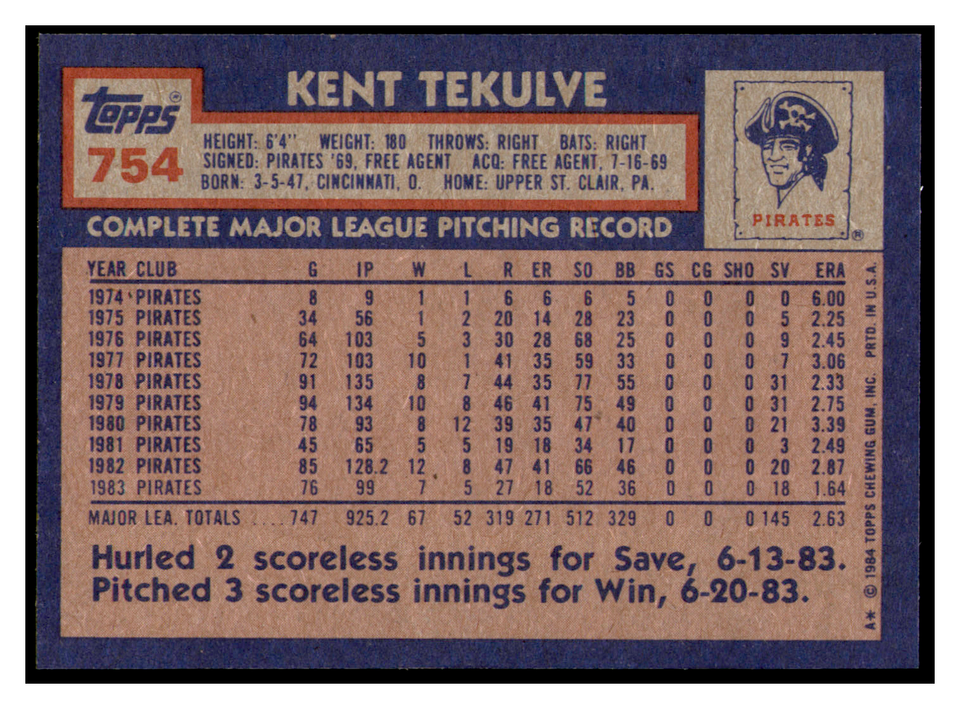 1984 Topps Kent Tekulve #754 Pittsburgh Pirates | eBay