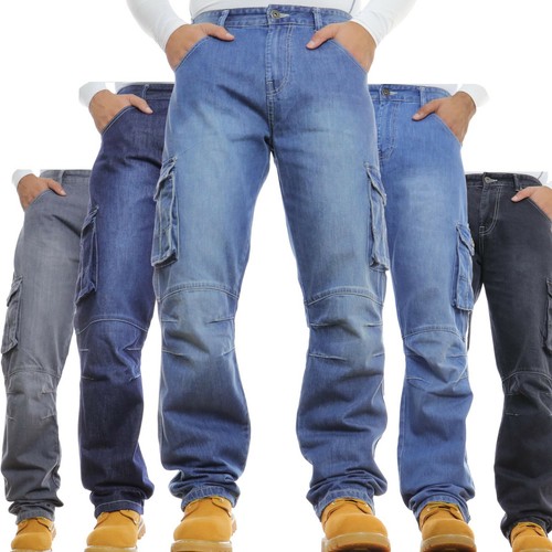 Mens CROSSHATCH Cargo Combat Jeans New Casual Work Relax Denim Pants ...