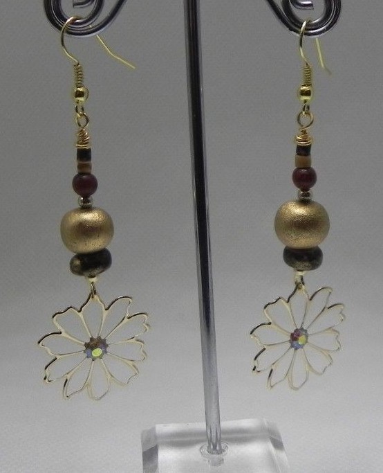 Gold Brown Maroon Wood Beads Flower Bohemian GT. 3" Drop Hook Earrings ...