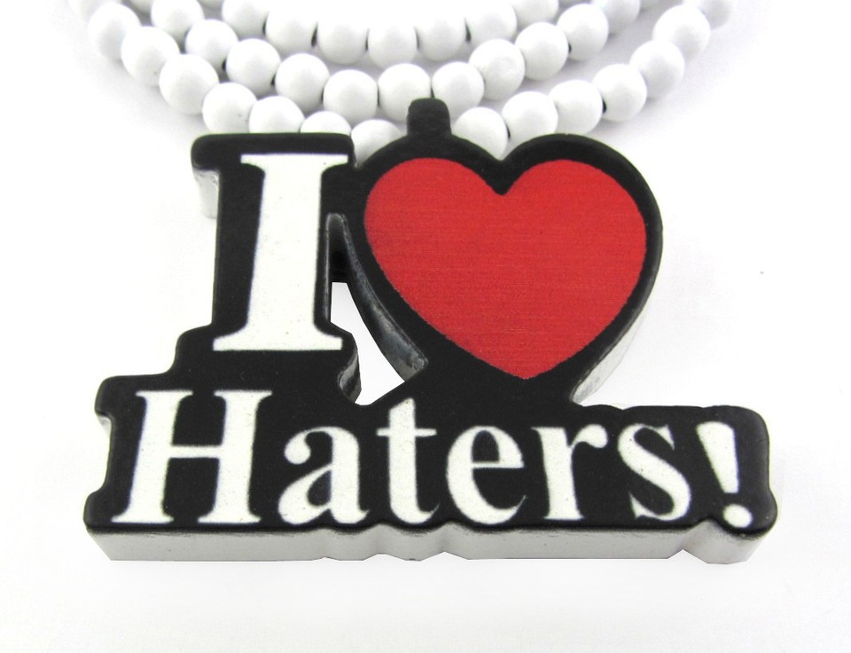 WOODEN I LOVE HATERS! PENDANT PIECE & 36" CHAIN BEAD NECKLACE GOOD WOOD ...
