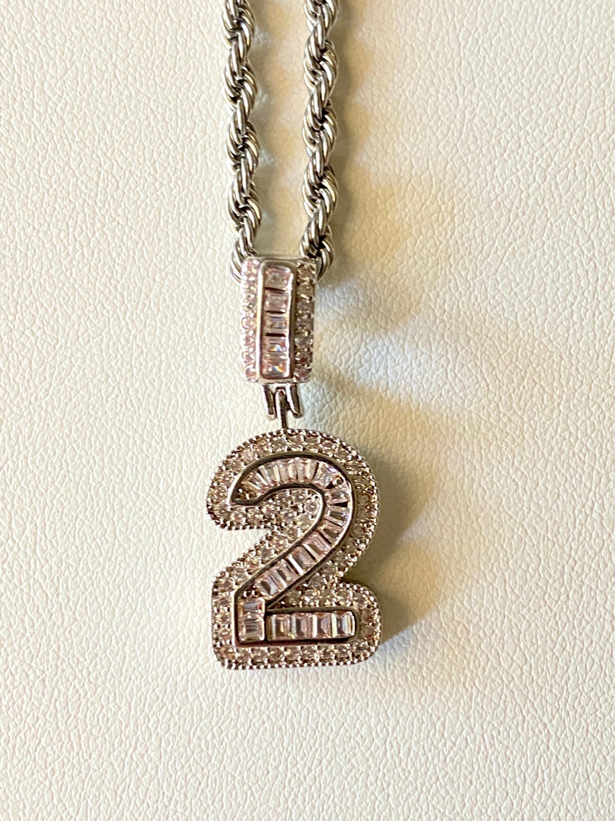 Lucky Number 2 Pendant Necklace Men's Women's Icy Silver icy Charm Rope ...