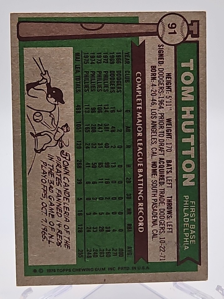 1976 Topps Baseball #91 Tom Hutton Vintage Philadelphia MLB Trading ...
