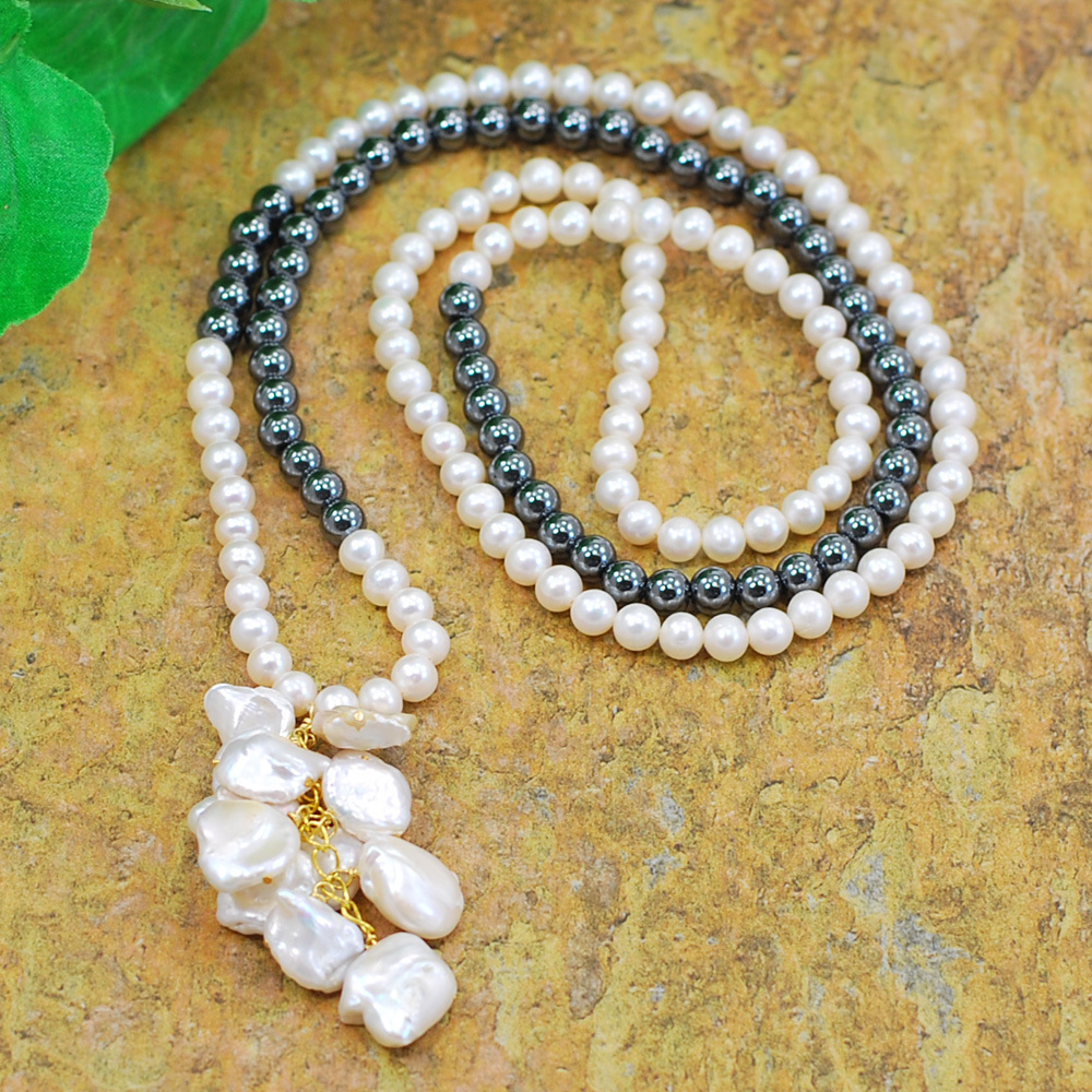 Freshwater Pearl/Hematite Necklace Misshapen Pearl Cluster Pendant 33 ...