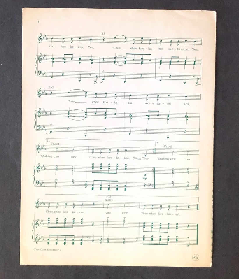 1962 Sheet Music Chee Chee Kookaroo by Randazzo Weinstein Piano Words ...