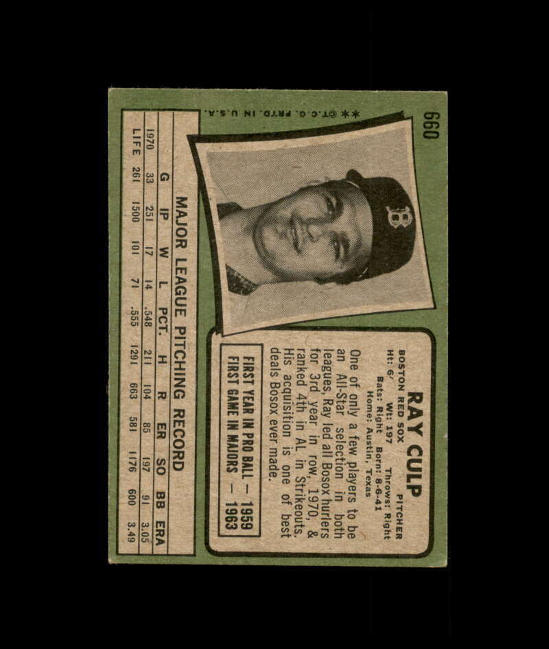 Ray Culp Signed 1971 Topps High Number Boston Red Sox Autograph | eBay