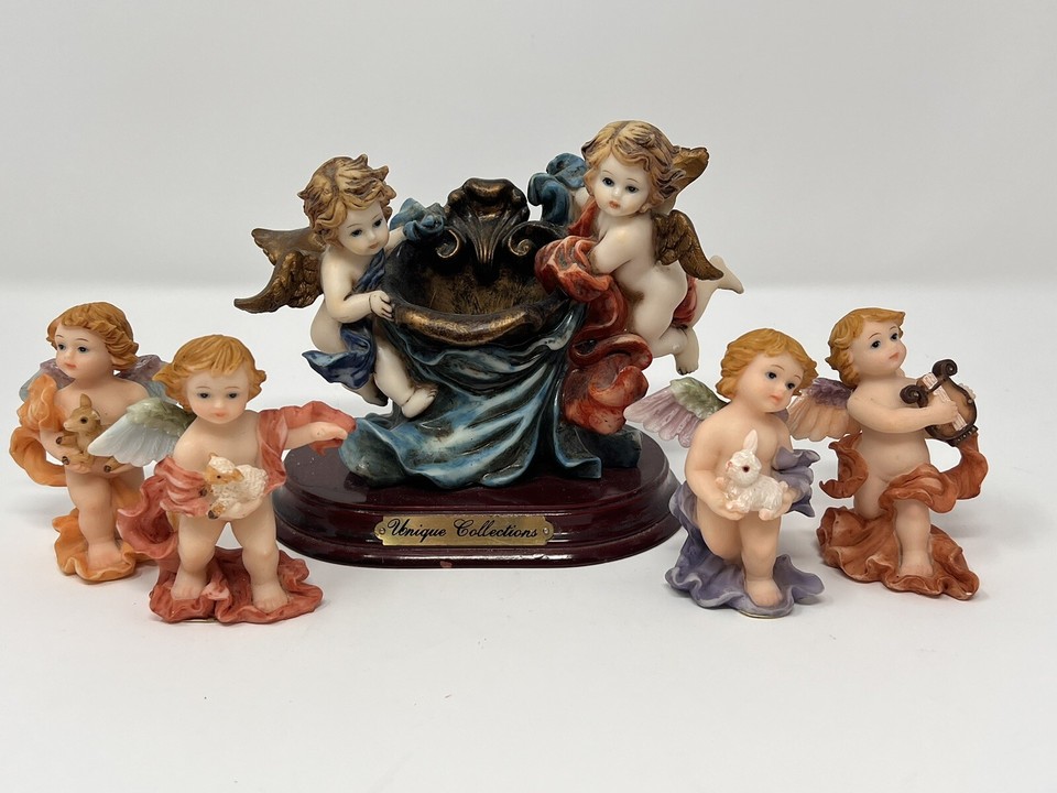 Cherub Figurine Resin on Wood Base 4”x4.5” By Unique Collection & 4 ...