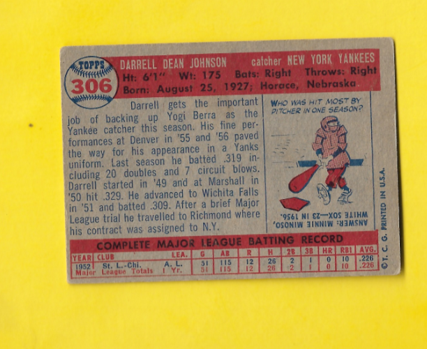 1957 Topps Darrell Johnson #306 New York Yankees VERY GOOD FREE ...
