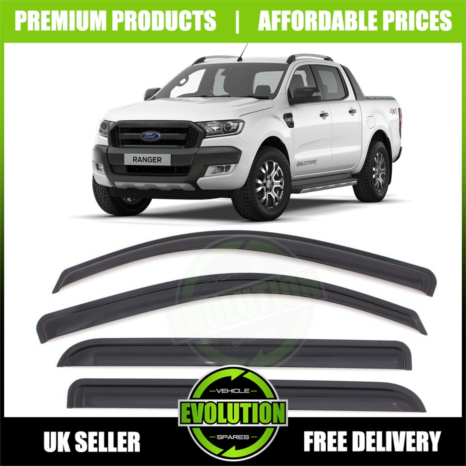 WIND RAIN DEFLECTORS VISORS EXTERNAL FIT TO FIT FORD RANGER T6 T7 T8 ...