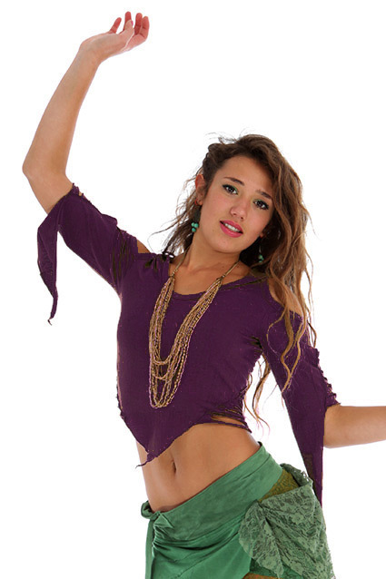 Slashed Back Top Cotton Pointy 3/4 Sleeves Crop Psy Trance Pixie Hood ...