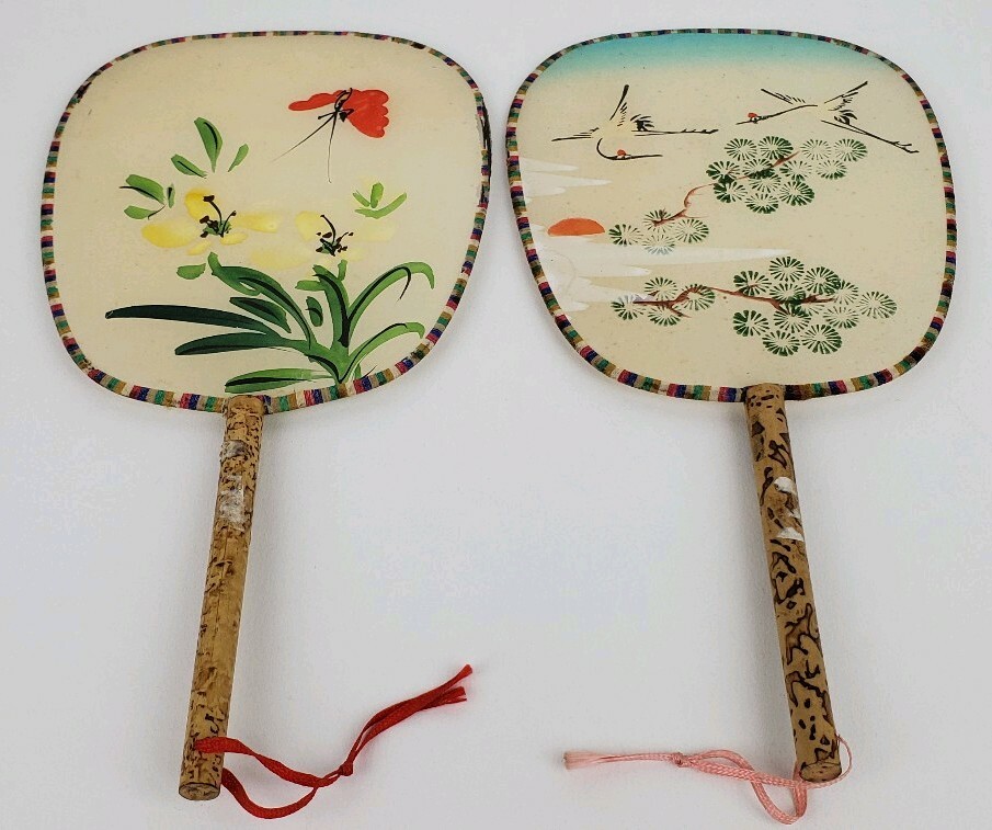 (2) Vintage Oriental Floral Birds Butterfly Wooden Handle Silk Paddle ...