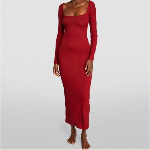 Skims Soft Lounge Long Sleeve Ribbed Bodycon Maxi Dress Red Brick Large ...