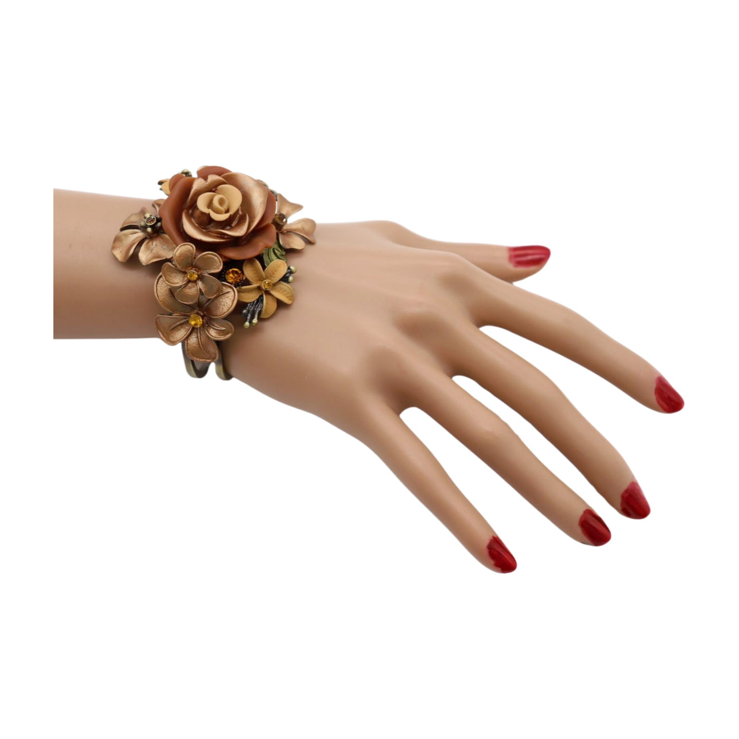 Women Gold Metal Beige Brown Rose Flowers Wrist Cuff Bracelet Prom ...