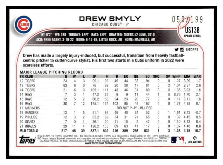 2022 Topps Update Red Foil US138 Drew Smyly #/199 Chicago Cubs baseball ...