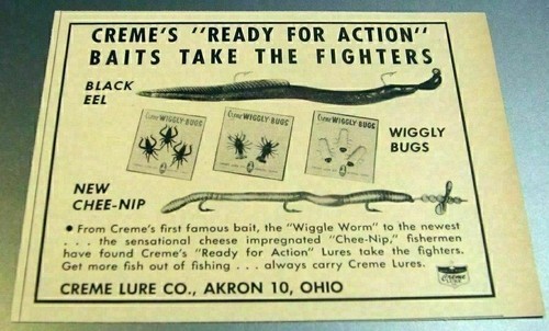 1960 Print Ad Creme Lure Black Eel,Chee-Nip,Wiggly Bugs,Fishing Lures ...